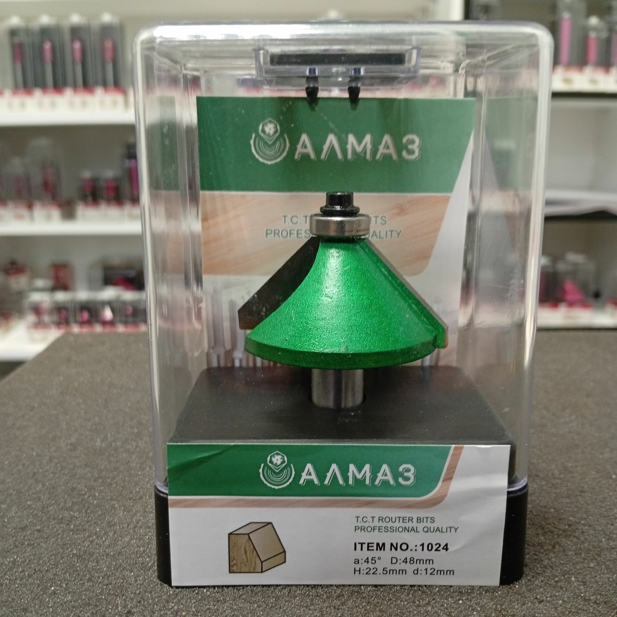 Фреза конусная с подшипником Угол 45 алмаз 1024 D:48mm I:22,5 mm d:12mm Угол 45 градусов