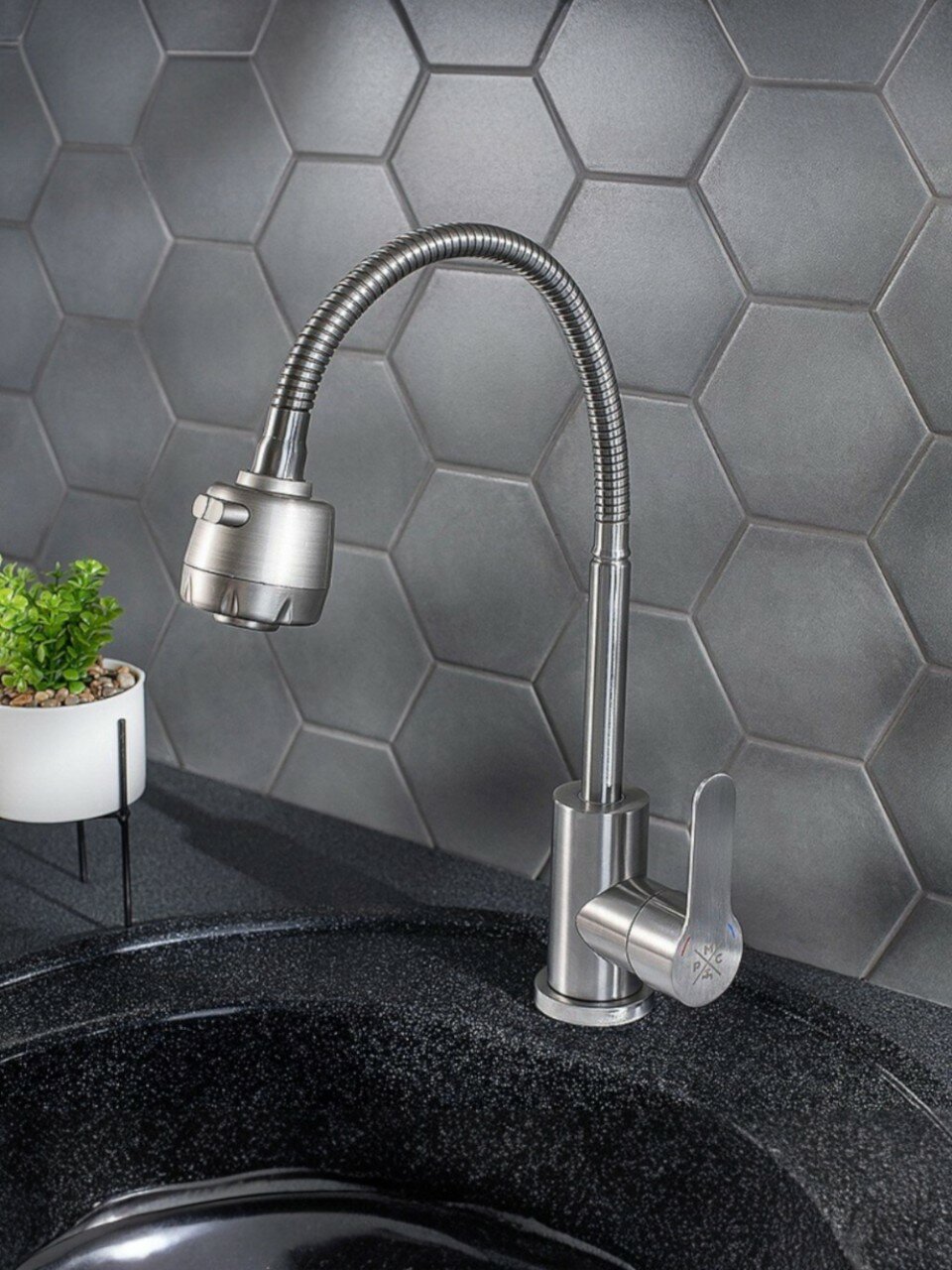 Смеситель для кухни, РМС, с картриджем, гибкий излив, нержавеющая сталь, SUS124-016F