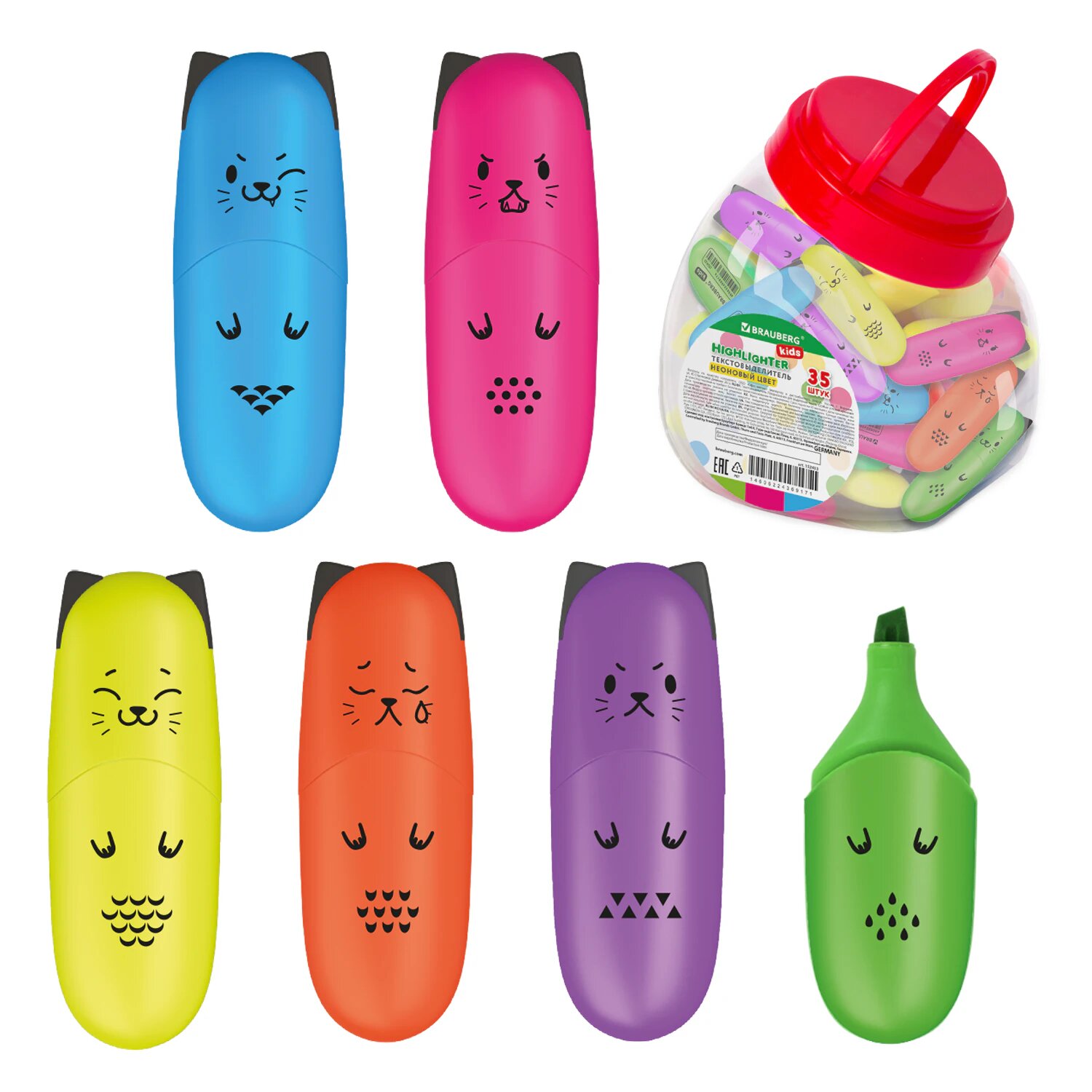 Текстовыделитель мини BRAUBERG KIDS "CUTE CATS NEON", ассорти В пластиковой банке, 1-5 мм, 152433 (цена только за 1 шт.)