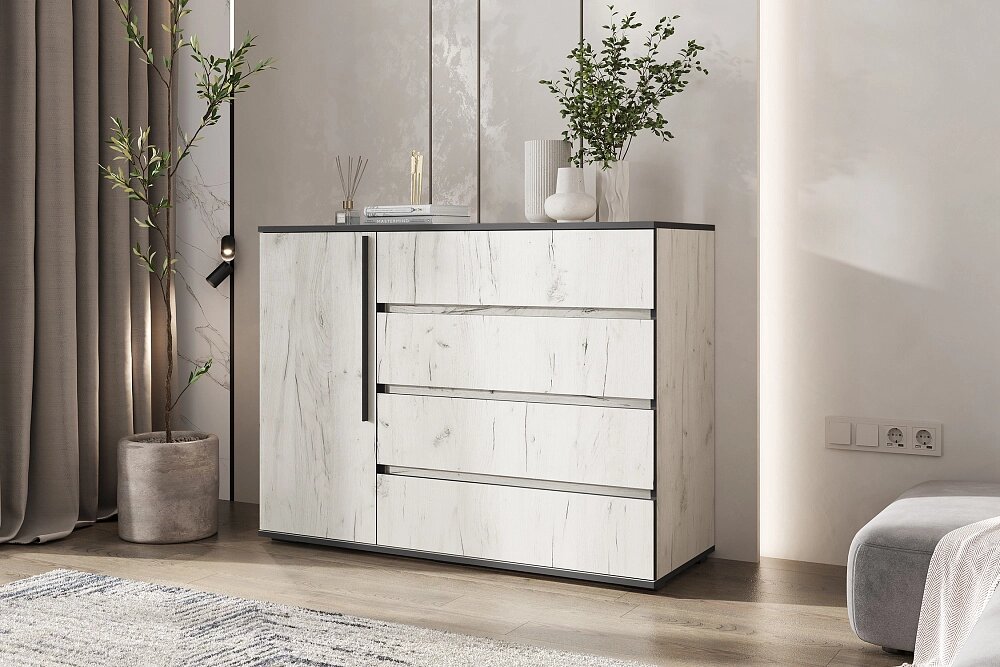 Комод для вещей 1 дверь 4 ящика 1 полка Норд, 120х90х45 см, Дуб крафт белый