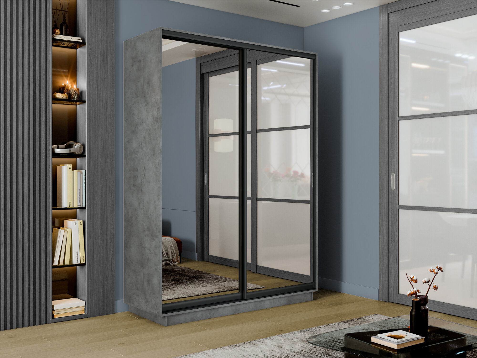 Шкаф купе Вилли 2-х дверный ЛДСП, зеркальные двери, профиль черный 120 см х 240 см х 60 см (Бетон)