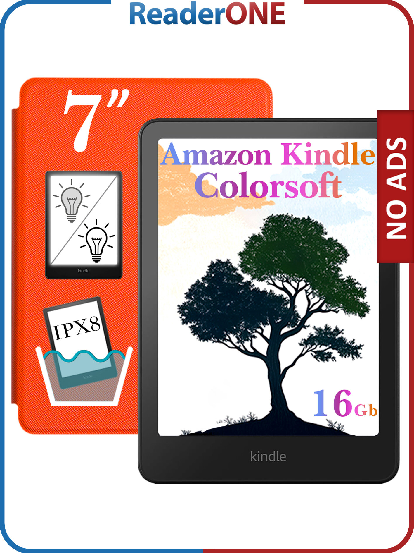 Электронная книга Amazon Kindle Colorsoft, 16Gb, 7 дюймов, E Ink Kaleido 3, черный с обложкой ReaderONE Orange