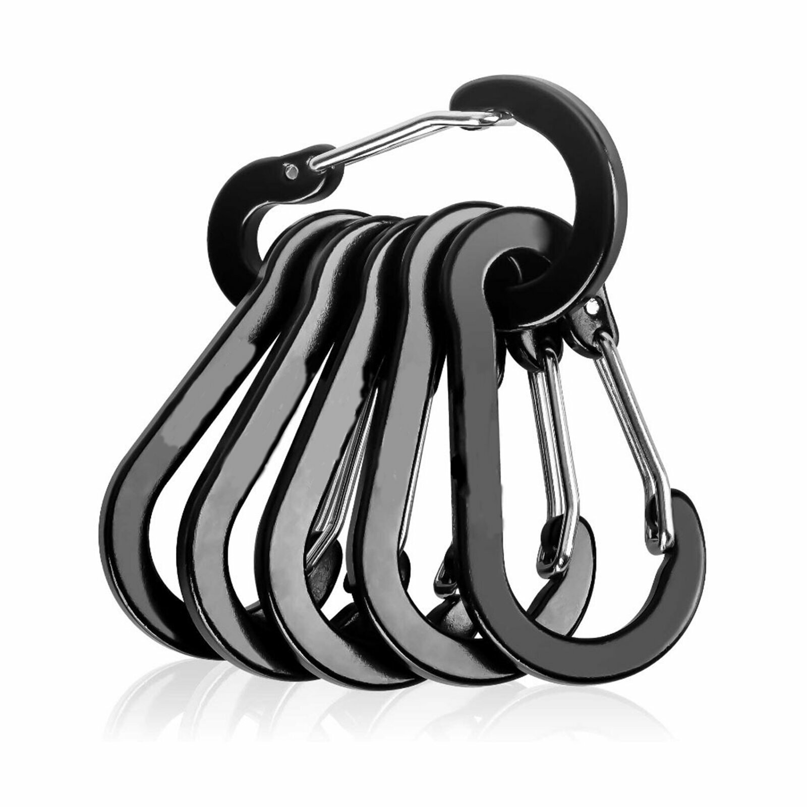 Карабин Fishing CC1 многоцелевого использования, набор 6 штук, маленький карабин, мини- карабин для ключей 2 дюйма, алюминиевый карабин D-кольцо, черный, материал алюминий и нержавеющая сталь 304, разрывная нагрузка 12 КН, максимальный разрыв затвора