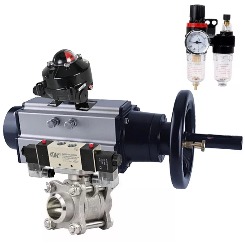 Кран шаровой DN.ru кшпп 316.200-ISO Ду100 Ру25, полнопроходной, трехсоставной, нержавеющая сталь 316, PTFE, под приварку, с пневмоприводом DA-105-1, пневмораспределителем PND1-S2EM-52-2-T10-220VAC, БКВ LSB-210-02NM12-220/24, БПВ APU1-10-40-V08