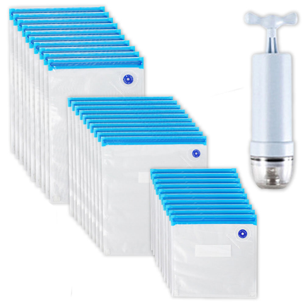 35 Пакетов для хранения еды под вакуумом, многоразовых, 3 размера (22x21см, 26x28см, 26x34см), с 1 ручным насосом, 4 клипсами для приготовления, 4 герметичными клипсами, прозрачных, для овощей, фруктов, мяса