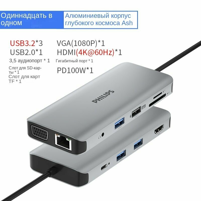 Филипс расширение док-станция typec расширение сплиттер USB адаптер мульти-интерфейс USB3.2*3+USB2.0+HDMI(4K60HZ)+VGA+VGA+sd/TF+PD100W+3.5