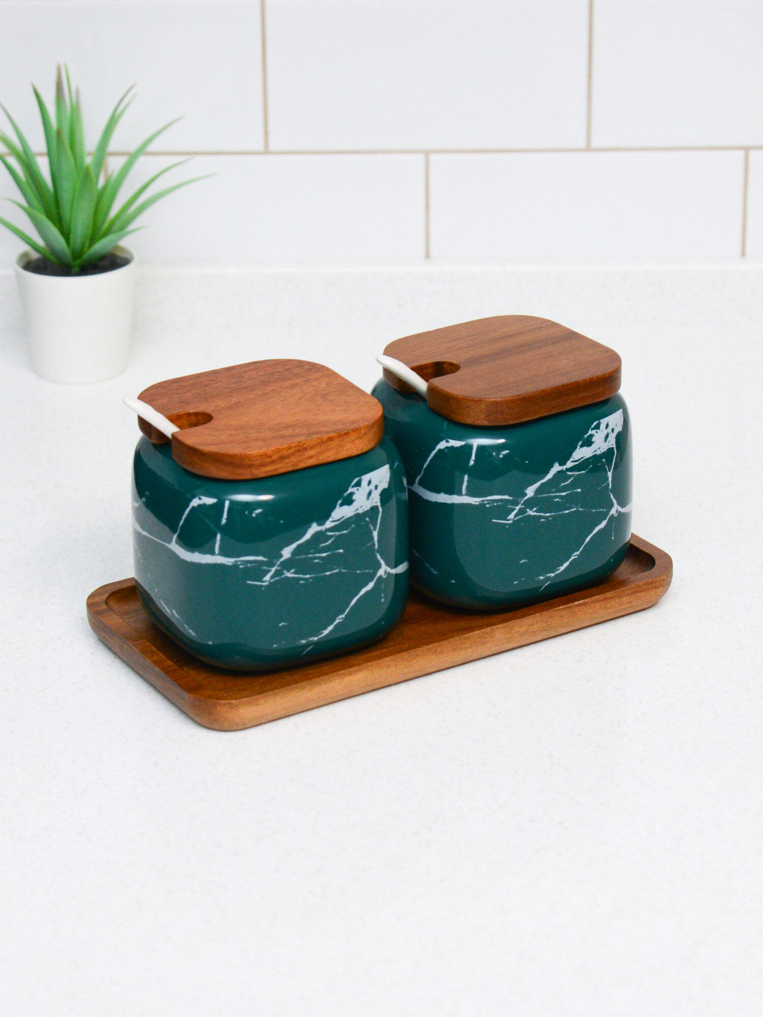 Набор керамических баночек для специй "Зеленый мрамор"