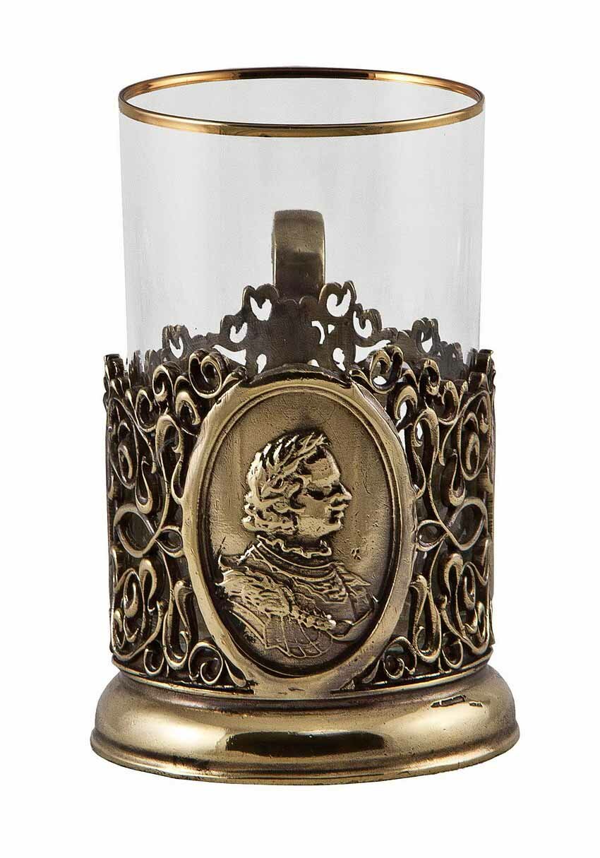 Подстаканник "Петр I" (стакан-стекло с золотым ободком, деревянный футляр) ПД-221