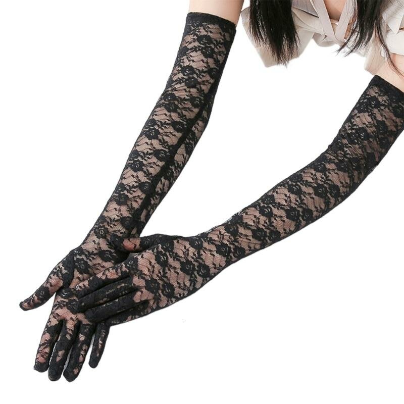 Длинные кружевные перчатки-53 см черного цвета