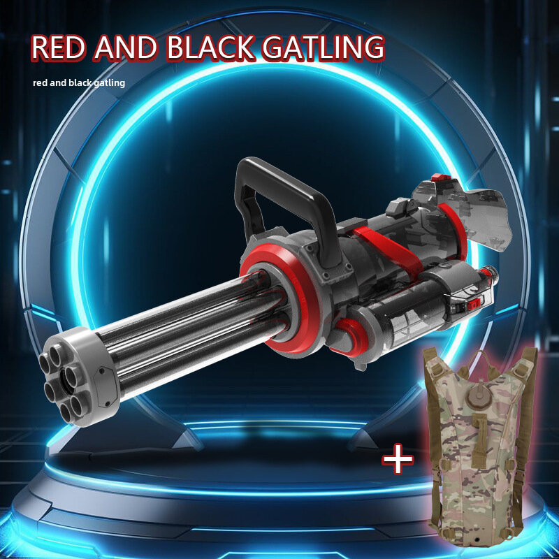 Пистолет для водных боев электрический автоматический Gatling с большим объемом Ice Explosion черно-красный с рюкзаком
