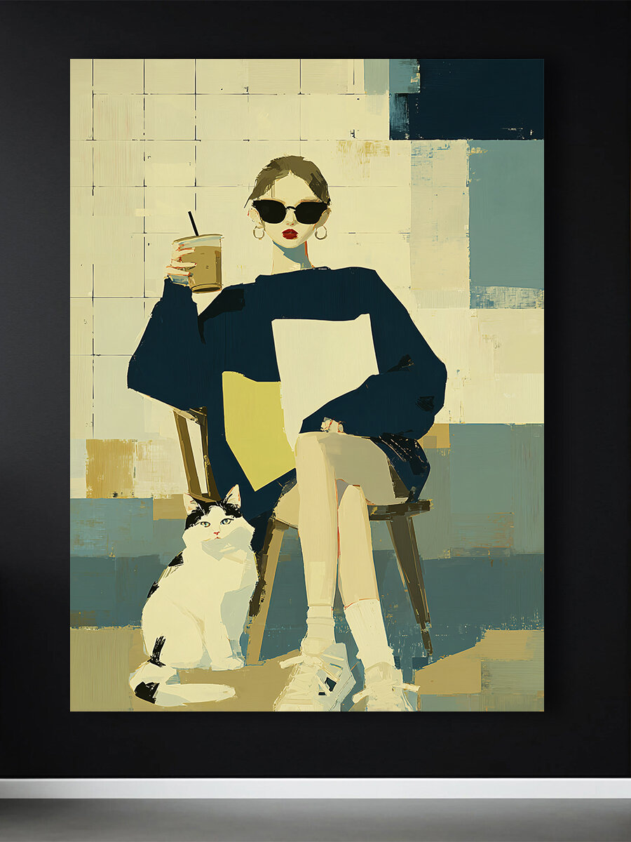 Картина на холсте - "Девушка и котики на отдыхе, дизайнерский арт на стену" , 30х40 см.