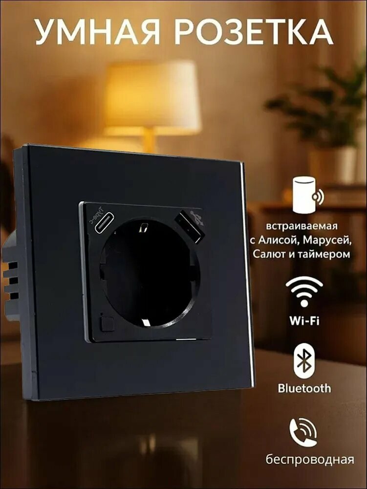 Умная встраиваемая розетка WiFi с USB и Type-C для Алисы и Яндекса черного цвета