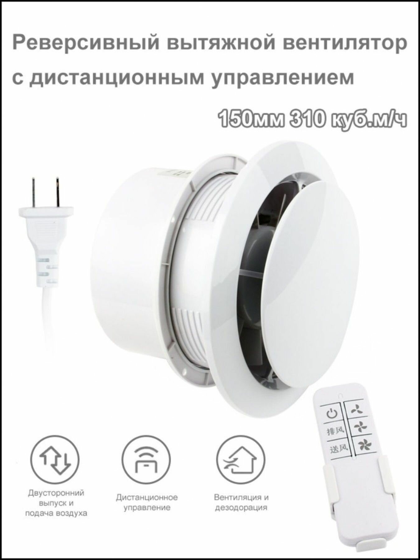 Реверсивный вытяжной вентилятор с дистанционным управлением,150мм Канальные вентиляторы 310 куб. м/ч.