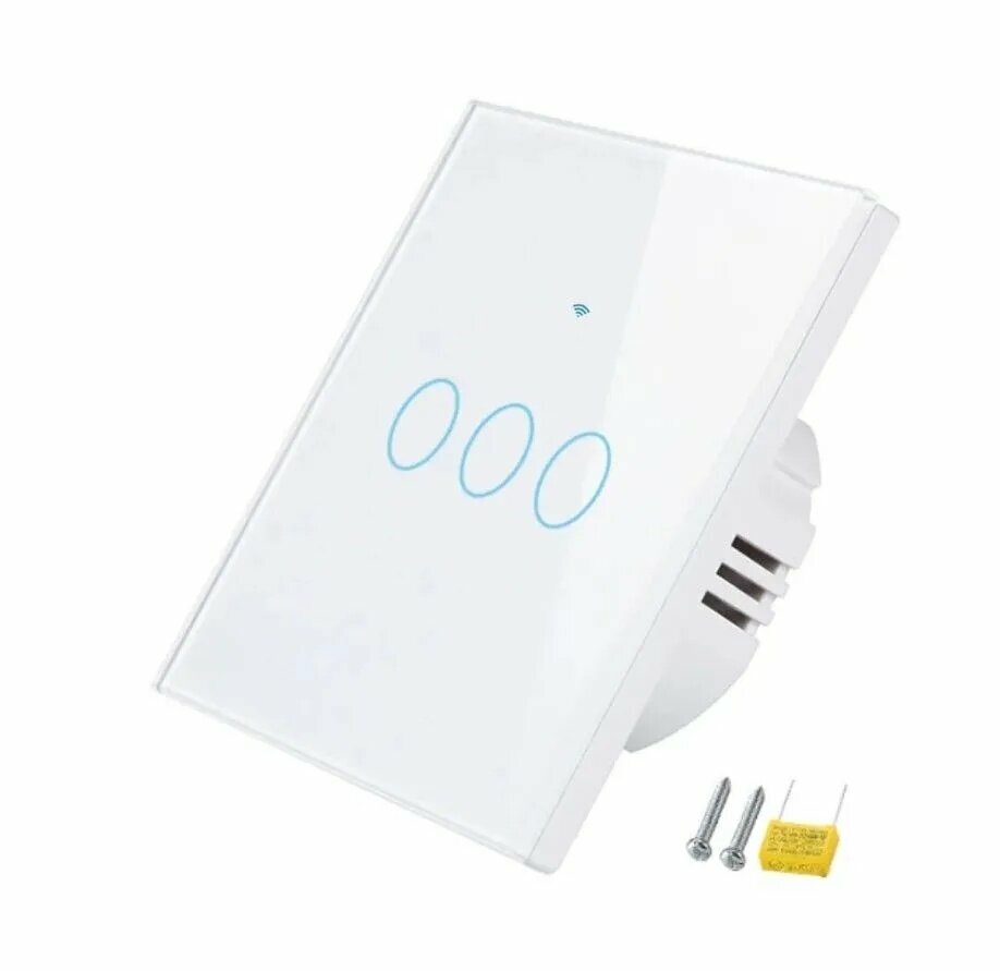 Умный сенсорный выключатель, белый, трехкнопочный Tuya с Алисой WI FI + RF433 (стеклянный), универсальный с конденсатором в комплекте