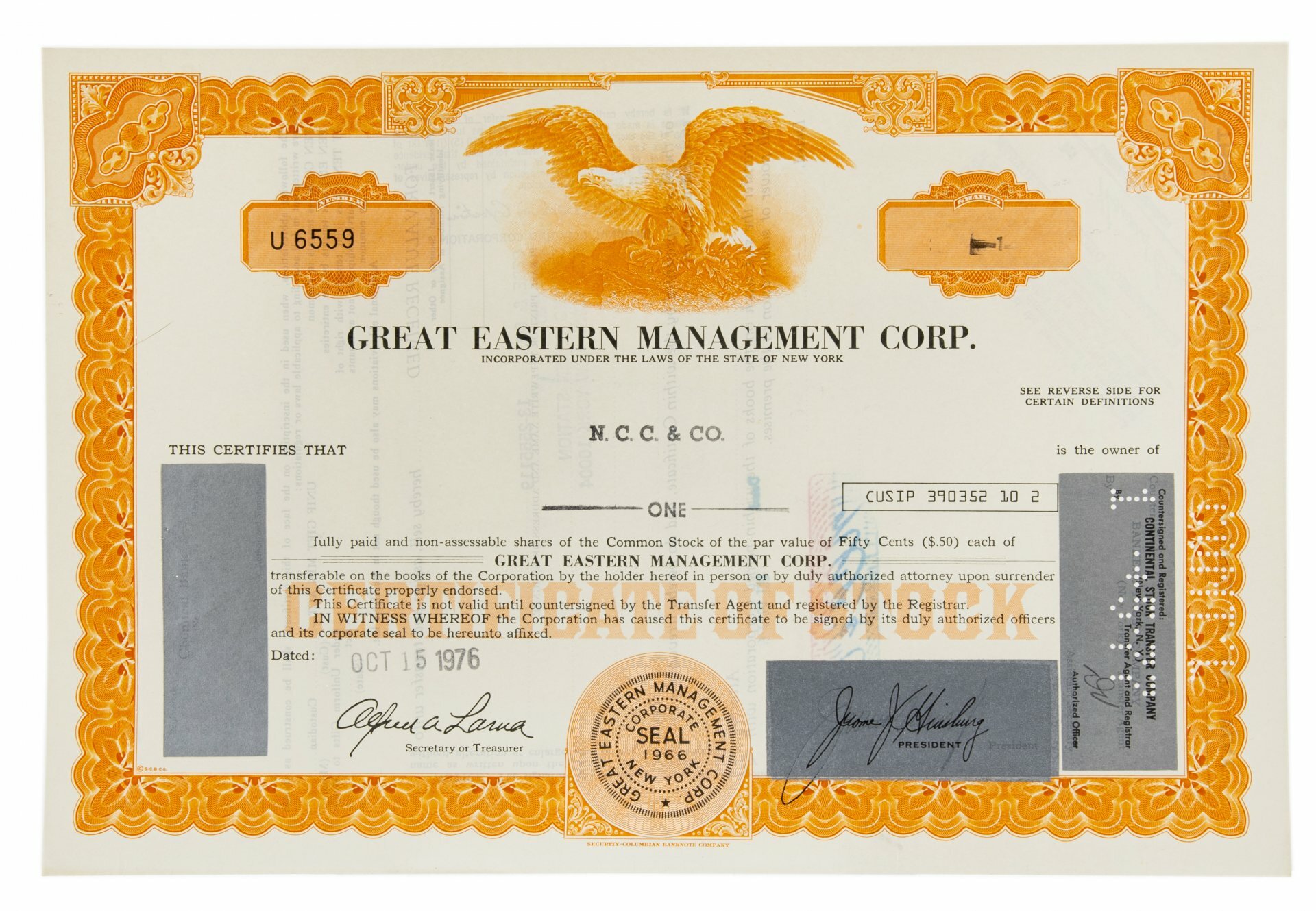Акция США GREAT EASTERN MANAGEMENT CORP , 1968-1976 гг