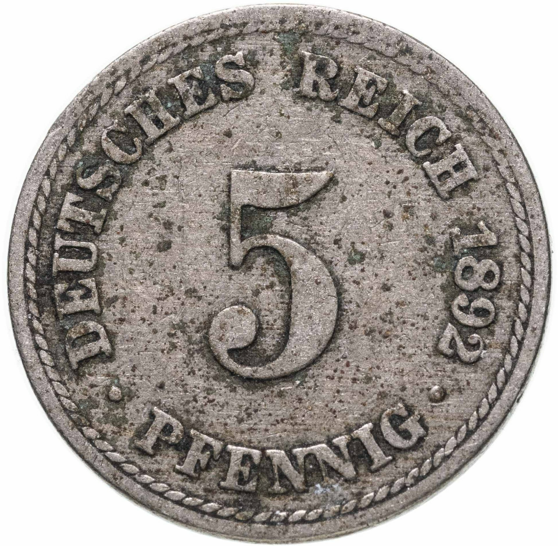 Германия 5 пфеннигов pfennig 1892 знак монетного двора: "A" - Берлин, Никель, в сохранности VF