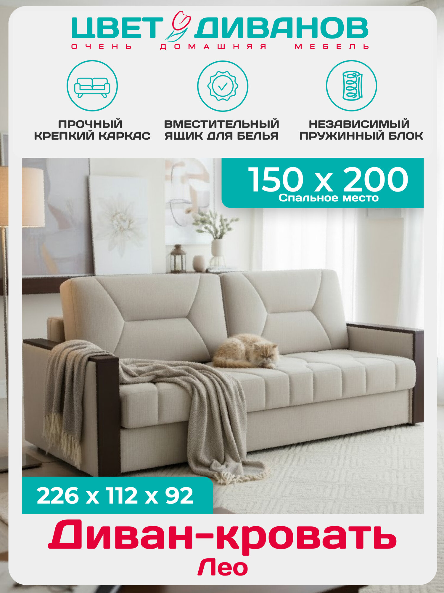 Раскладной диван-кровать прямой двуспальный в гостиную, еврокнижка Лео с ортопедическим матрасом, Цвет Диванов