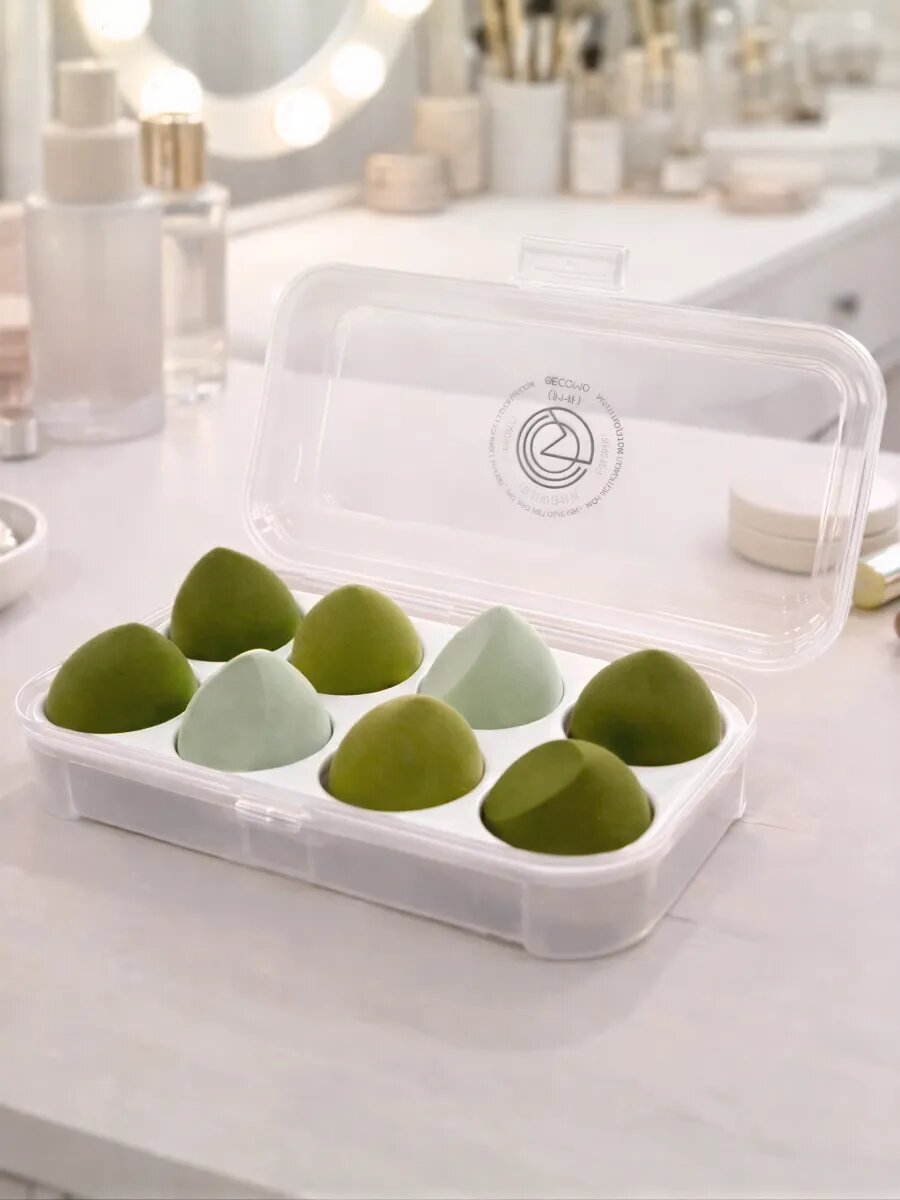 Набор спонжей для макияжа лица в кейсе разных форм зеленый 8 шт