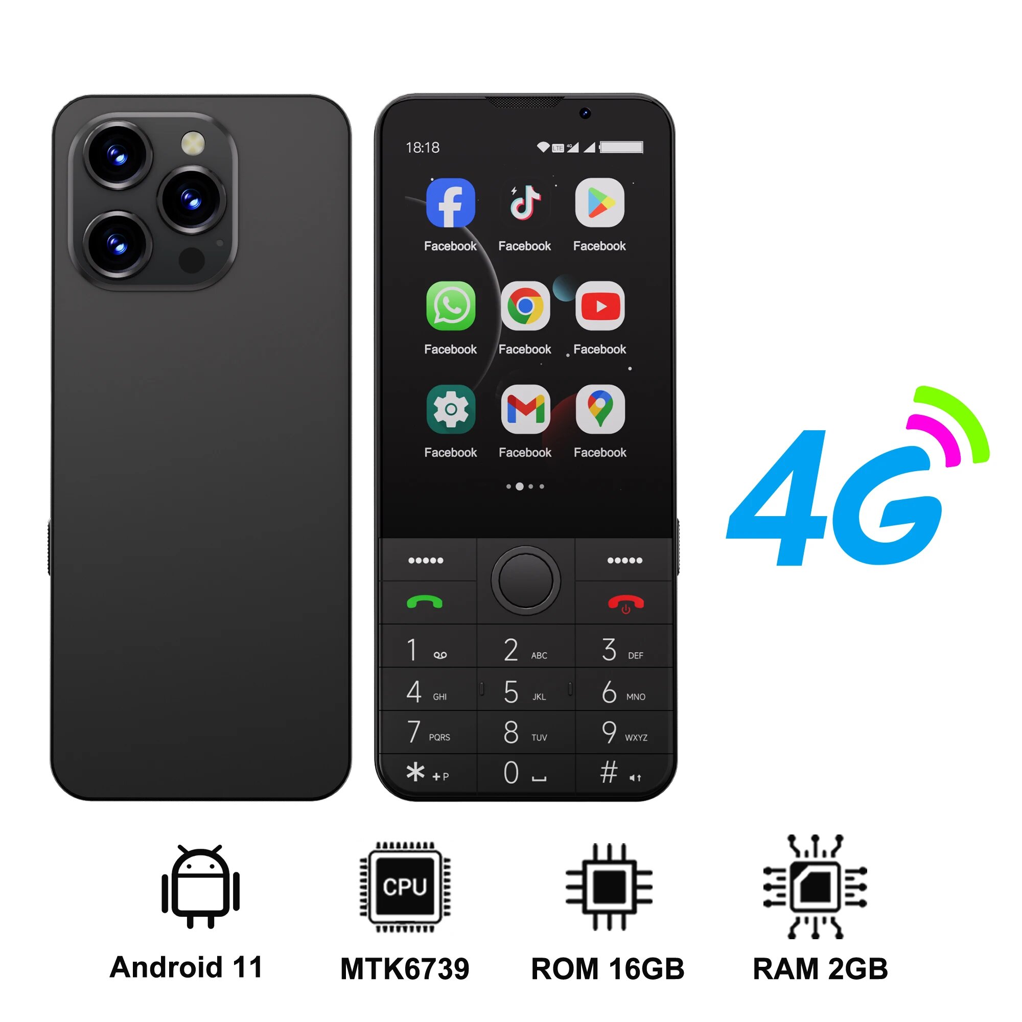 Телефон UNIWA F26 PRO 4G с сенсорным экраном и кнопочной клавиатурой, Android 11, две SIM-карты, 3,5 дюйма, 2 ГБ+16 ГБ, 2850 мАч, поддержка WhatsApp, русская клавиатура Arabic keyboard, Black