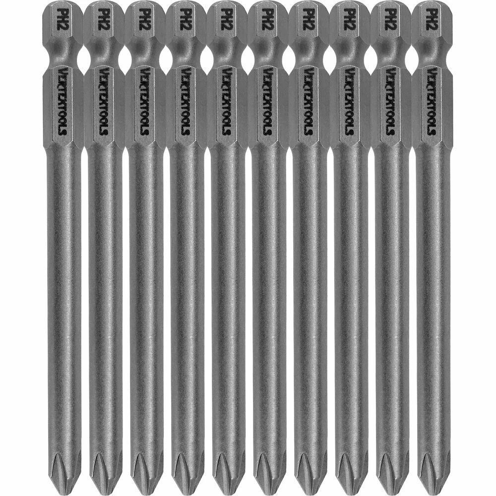 Набор бит Vertextools PH2 90 мм, 10 шт, Phillips биты из CrMo стали с магнитным наконечником, 1/4‑дюймовый хвостовик — фото 1