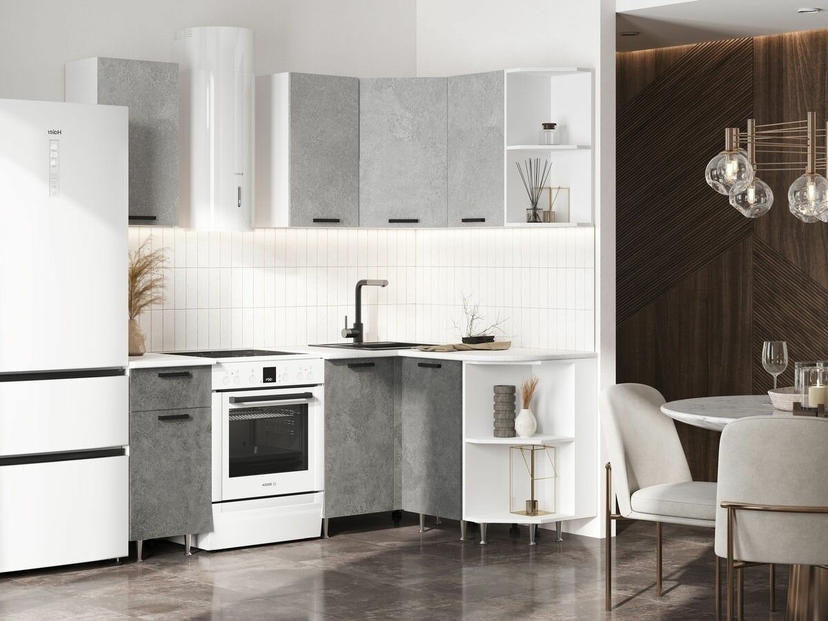 ЛДСП Кухня Рио NEW 2,0х1,3м Бетон светлый/Бетон темный, Белый, Столешница Антарес