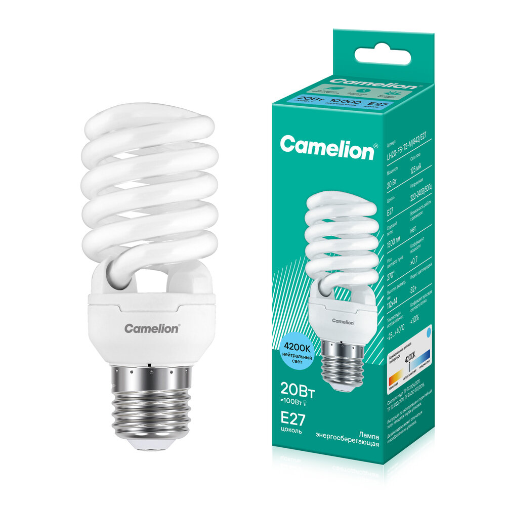 Лампа энергосберегающая Camelion LH20, FS-T2-E27/842, спиральная, 20Вт, дневной белый свет