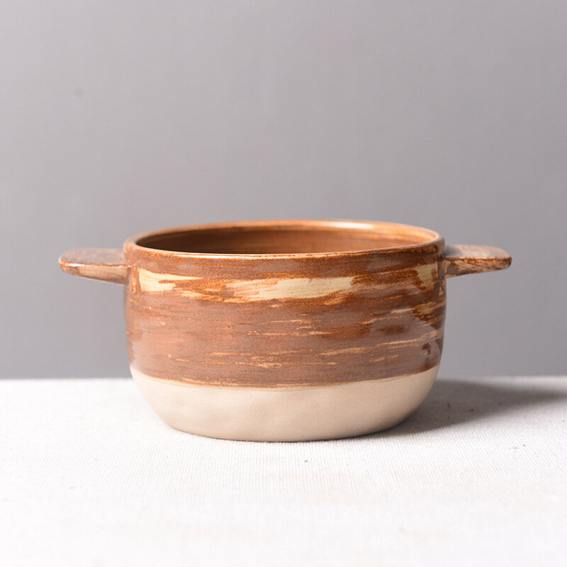 Японская керамическая миска с двумя ушками, суповая миска, домашняя ретро грубая керамика, электрическая керамическая плита, миска для каши, миска для лапши быстрого приготовления, миска для запеченного риса, посуда