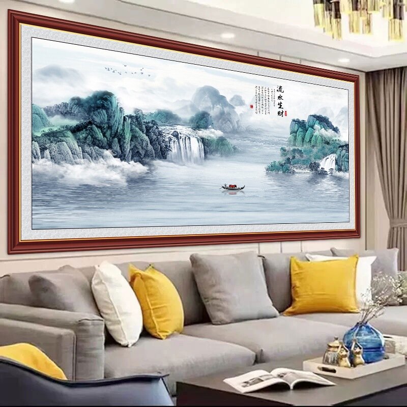 2025 Декоративная картина для стены за диваном, новая китайская стильная пейзажная живопись, текущая вода приносит богатство, самоклеящаяся обои-наклейка, мурал