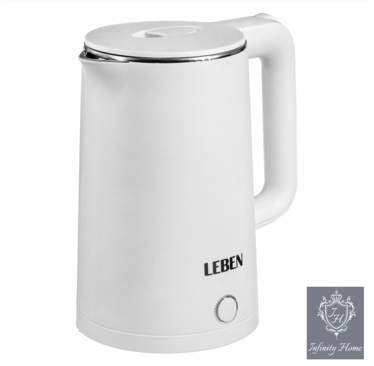 LEBEN Чайник электрический 1,8л, 1850 Вт, скрытый нагревательный элемент, белый пластик.