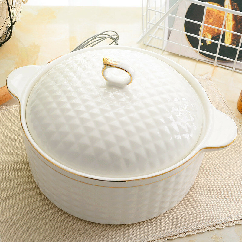 Домашняя керамическая суповая миска с двумя ушками и крышкой, креативная кастрюля для тушения, чисто белая, большая емкость, миска для риса, суповая миска, микроволновая печь, оптовая продажа