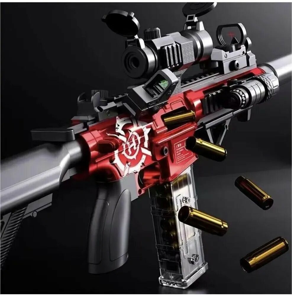 Автомат пневматический детский ( гильзы ) , М416 ( красный ) с оптическим прицелом / Оружие М4 из игры PUBG / Винтовка с автоматической перезарядкой, стрельбой и выбросом гильз