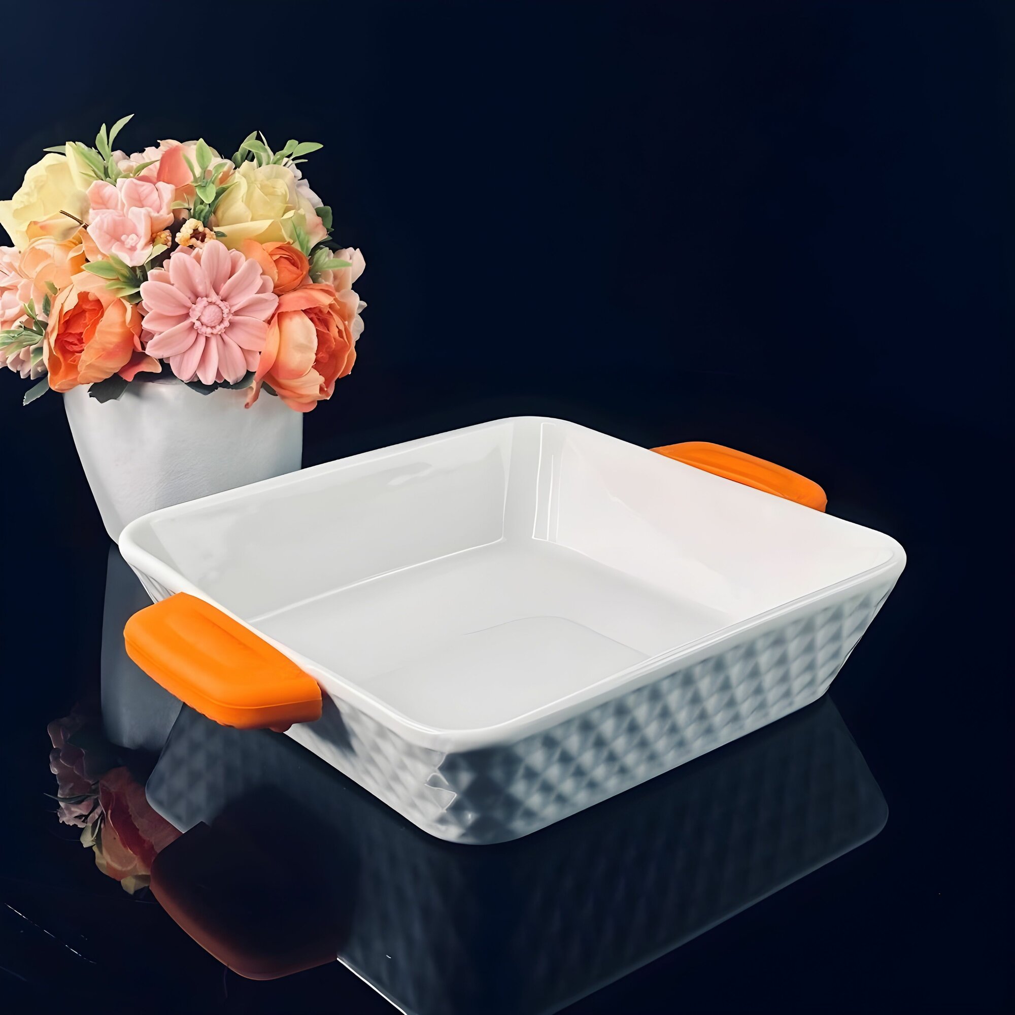 Квадратное блюдо для запекания 28 см фарфоровое белое с силиконовыми ручками, форма для запекания Lenardi