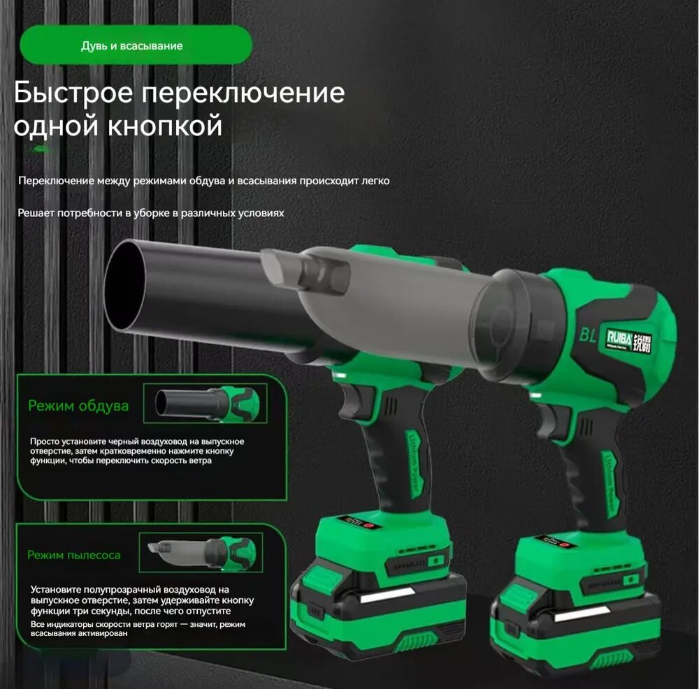 Воздуходувка RUIBA 1000Вт аккумуляторная для уборки листьев, мусора и снега — фото 1