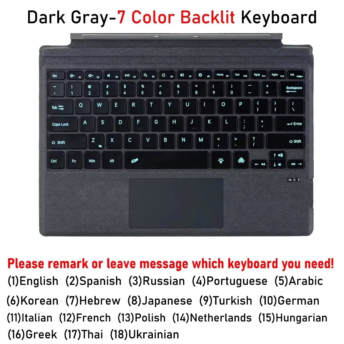 Беспроводная клавиатура для Microsoft Surface Pro 3/4/5/6/7/7+ Russian Keyboard, Backlit-Dark Gray