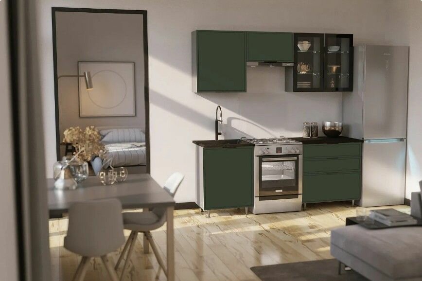Кухня "Николь" 2,0м Компановка №2 (Холст темно-зеленый), МИФ