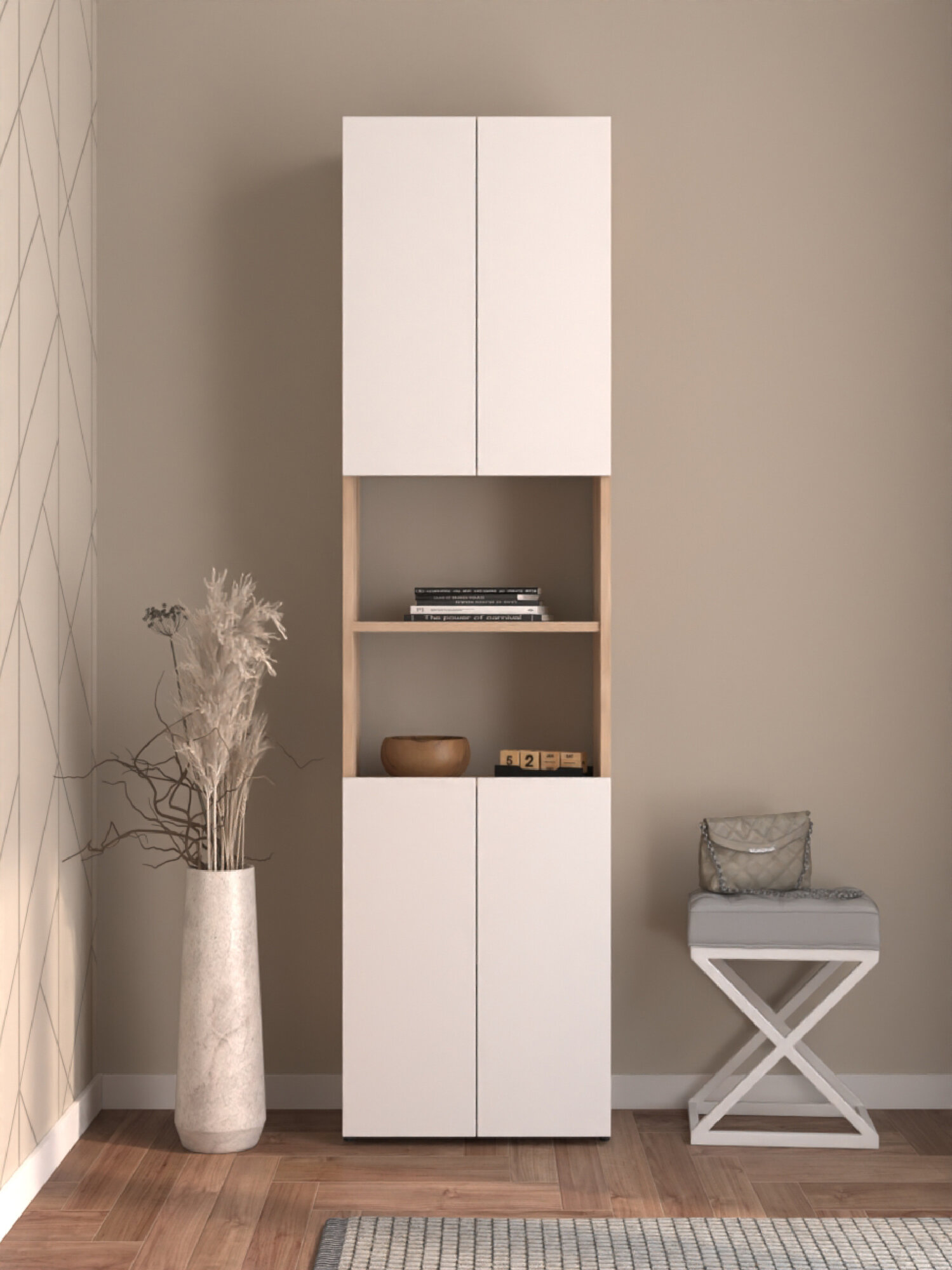 Шкаф-стеллаж milkstone Дуб-Белый, ЛДСП, минимализм, 4 распашные двери, 168см, 5 полок