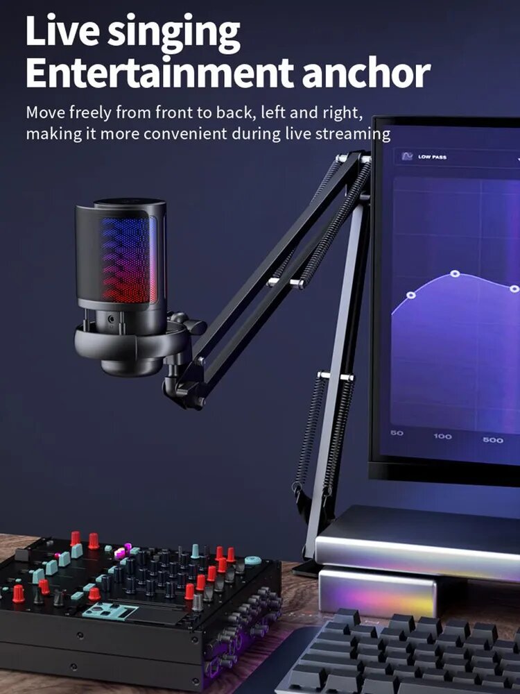 Студийный конденсаторный микрофон белый для стриминга с RGB подсветкой — фото 1