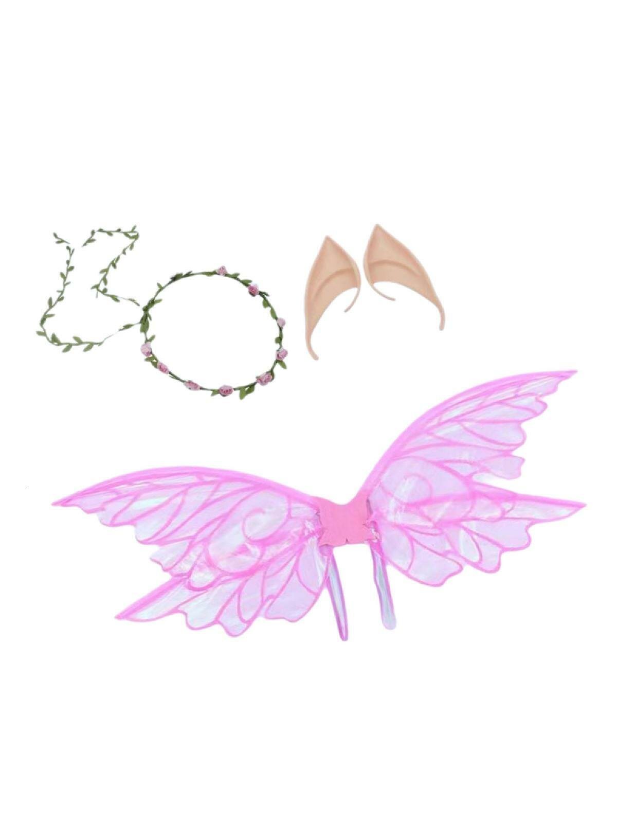 Костюм эльфа с крыльями, ушами и венком, Розовый