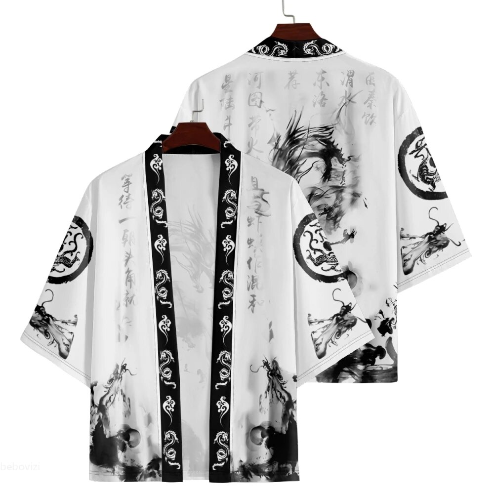 Мужское белое кимоно bebovizi с принтом самурайского дракона S