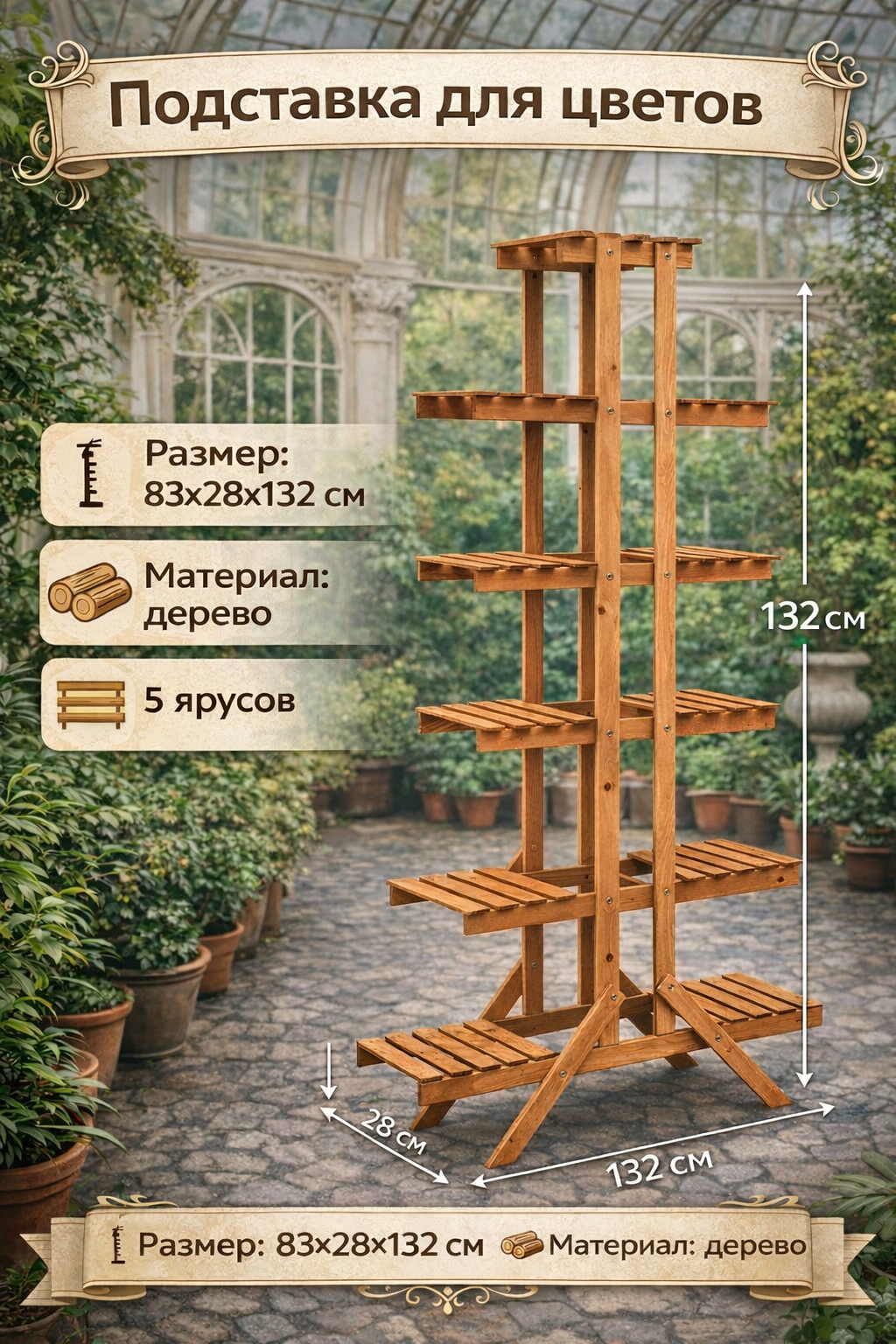 Подставка для цветов 5 ярусов, 83х28х132см, дерево, цвет- коричневый