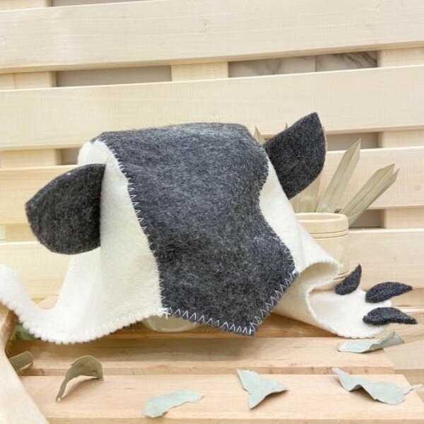 Шапка банная детская "Кошка" для бани, 30% шерсть/70% полиэфир, белая с серой вставкой