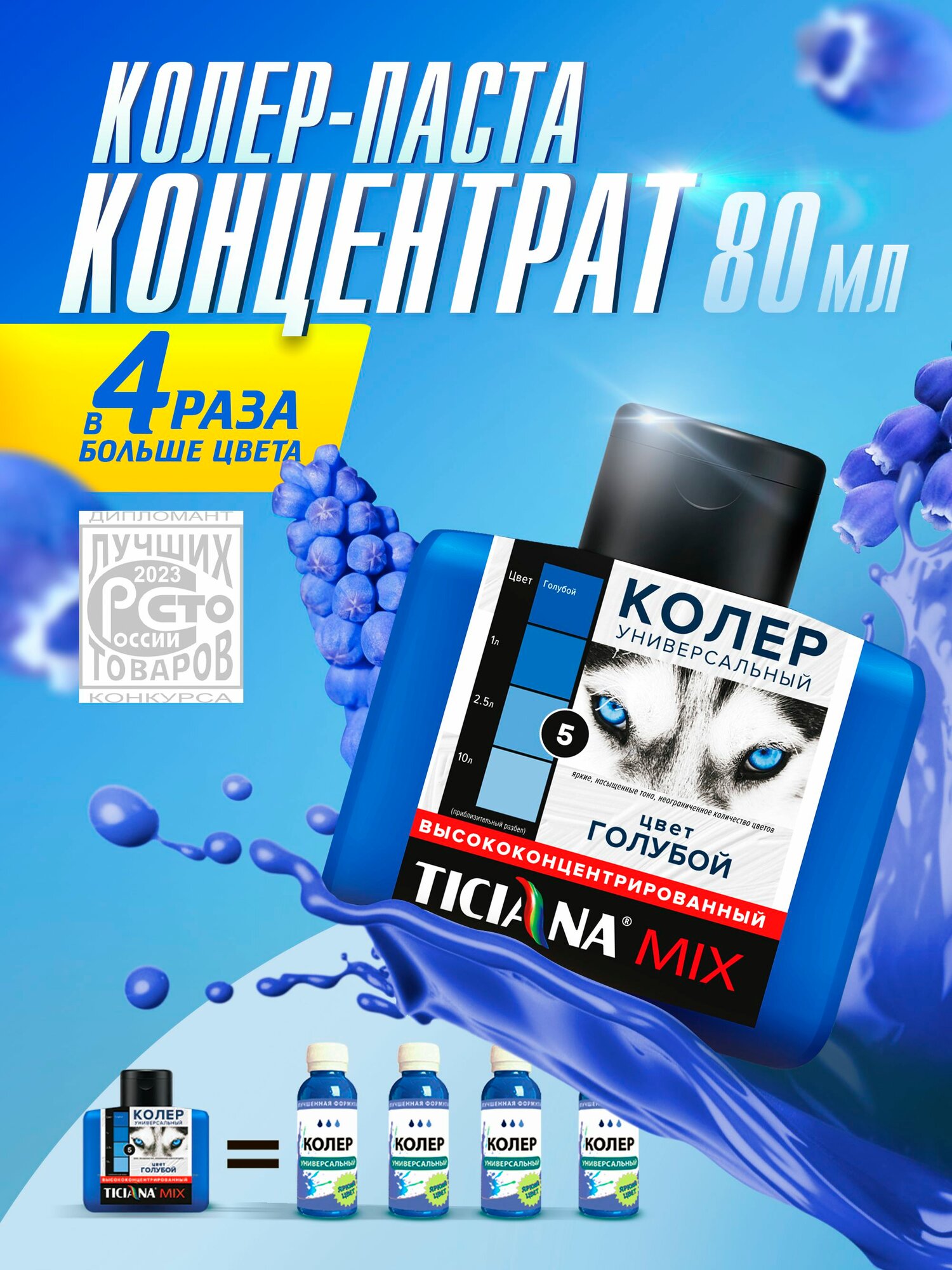 Колер-концентрат для краски универсальный TICIANA MIX, колер-паста насыщенная, Цвет: экстра Голубой, 80 мл