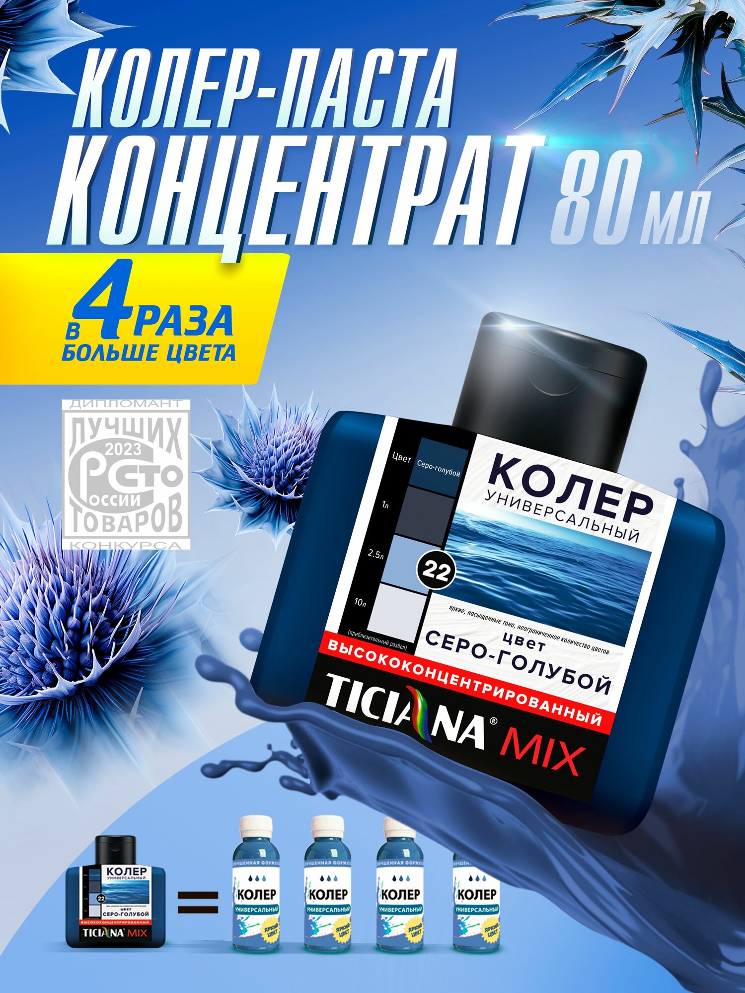 Колер-концентрат для краски универсальный TICIANA MIX, колер-паста насыщенная, Цвет: экстро Серо-голубой, 80 мл