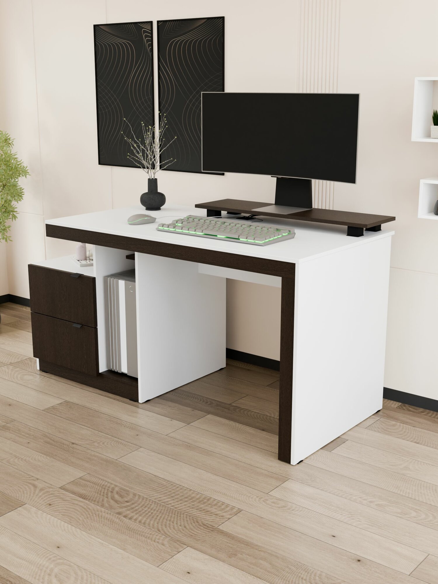 Изумлит Стол компьютерный для офиса и дома Вертикаль Лайт 162х80х74.5 см, тумба слева, белый-венге