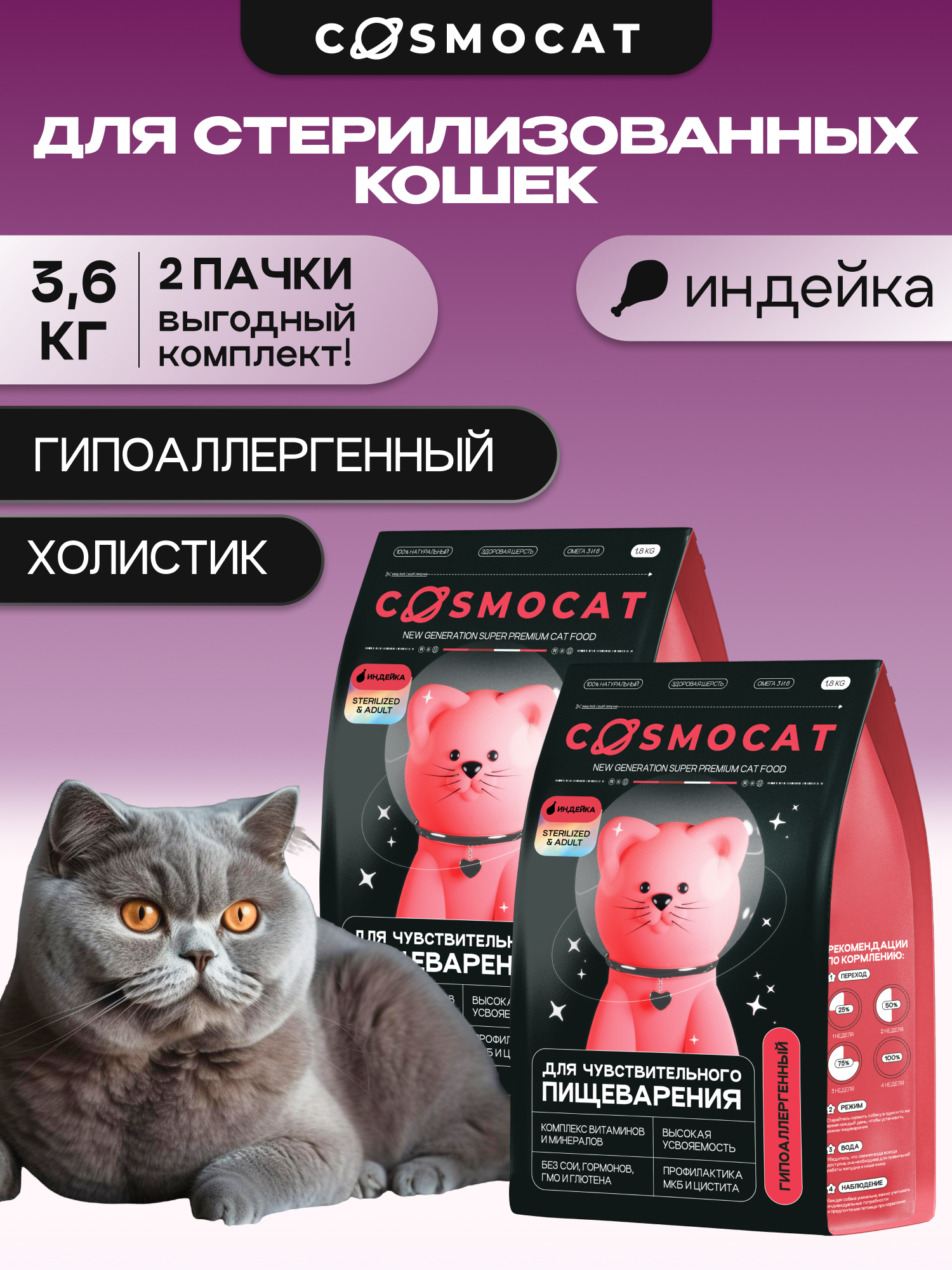 Корм сухой для стерилизованных кошек и котов Cosmocat от Cosmopet с индейкой 3,6 кг, гипоаллергенный холистик