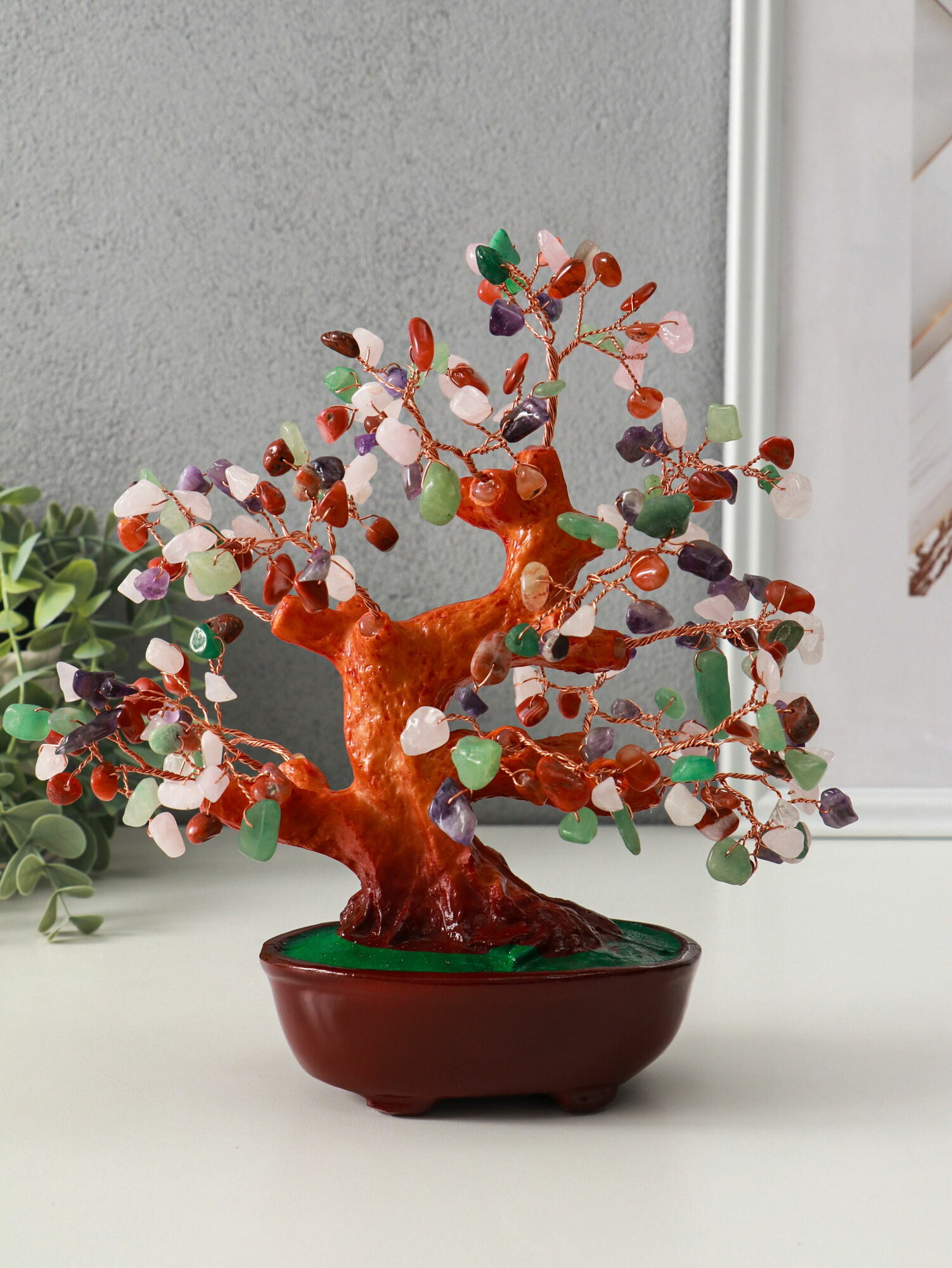 Бонсай декоративный "Разноцветное денежное дерево в овальном горшке", 196 камней, 23x9.5x19 см