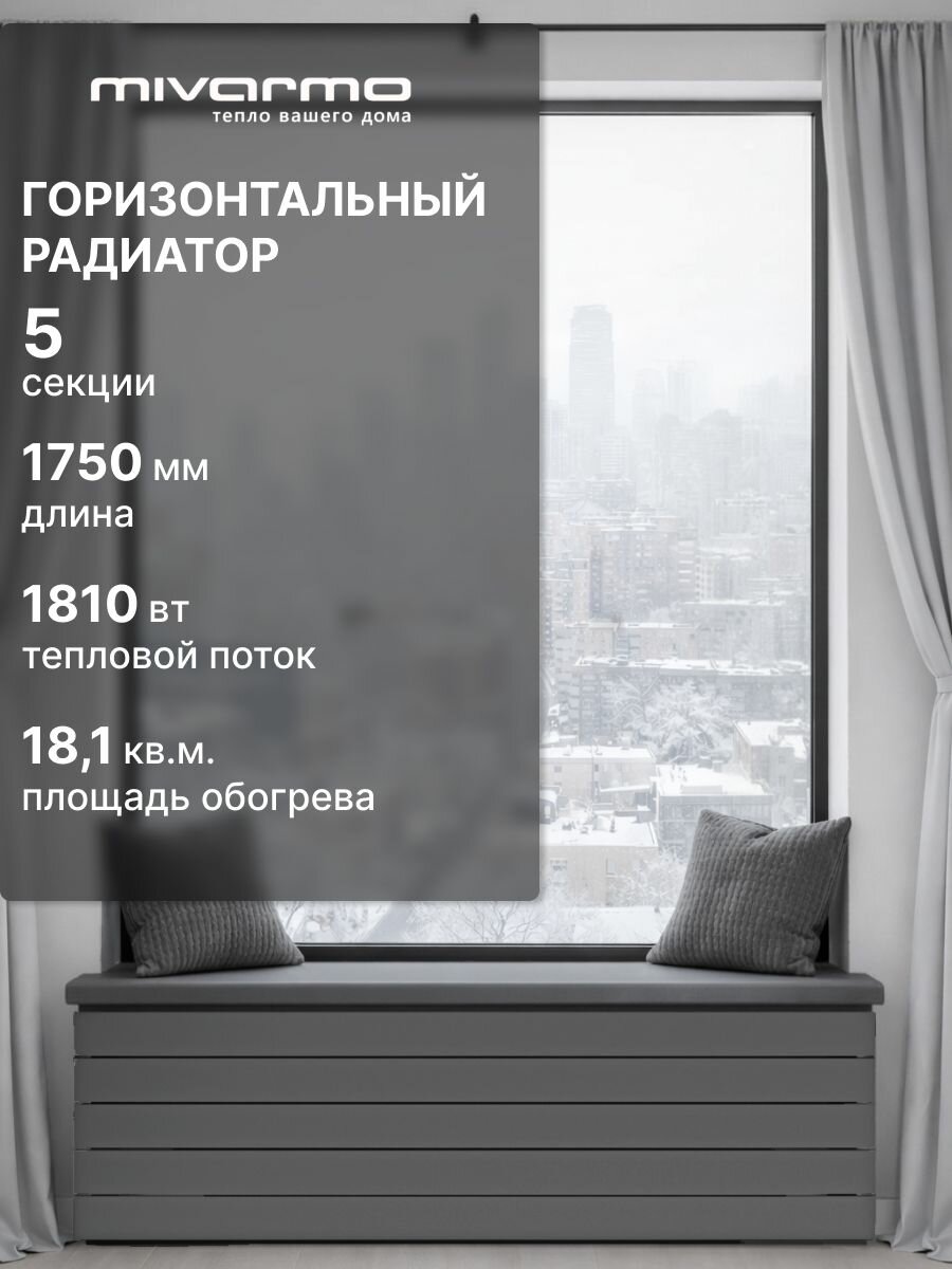 Радиатор отопления алюминиевый горизонтальный секционный MIVARMO 5 секций, RAL 7024 (графитовый муар), 175 см.