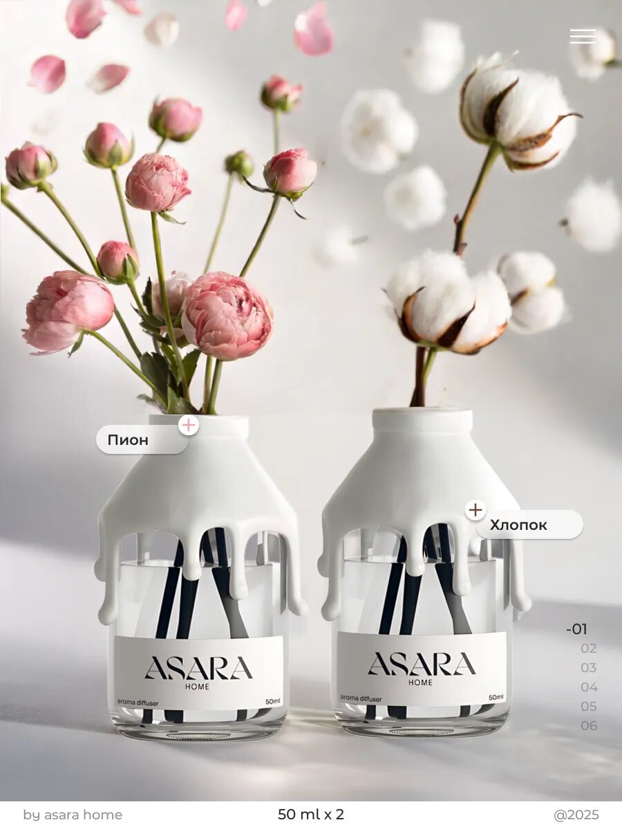 Диффузор для дома с палочками 2 шт с ароматами пион и хлопок