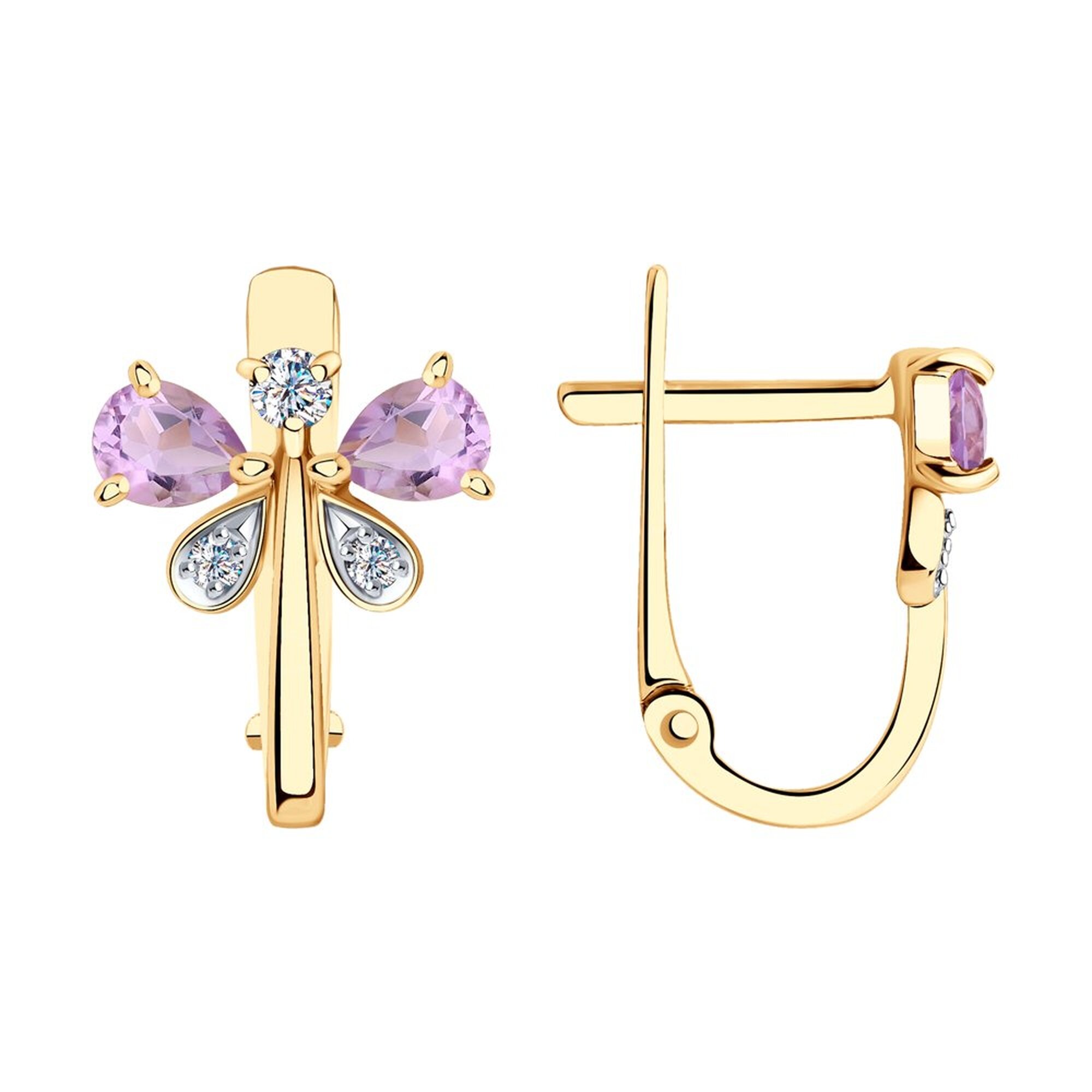 Серьги, красное золото, 585 проба, фианит, аметист