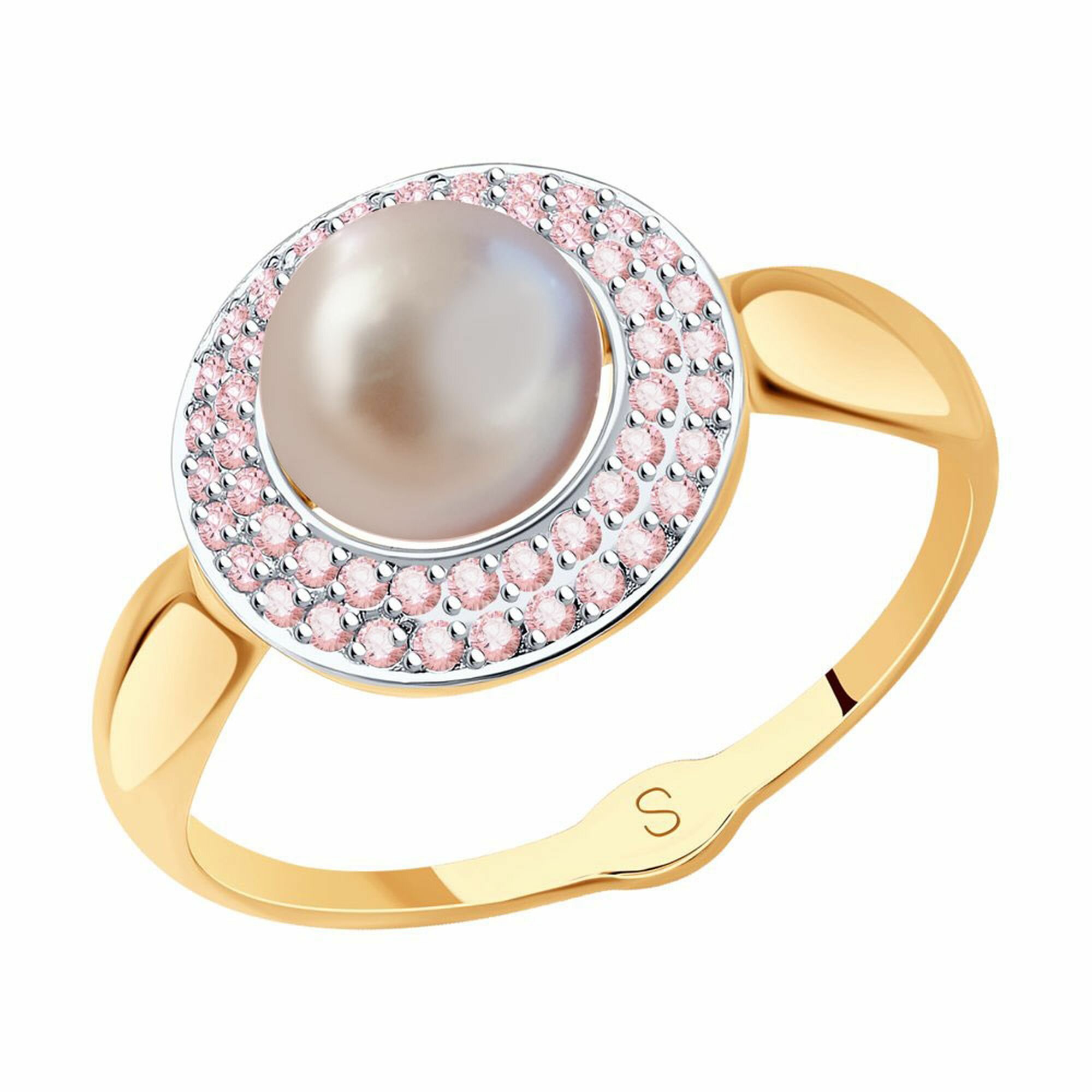 Кольцо, красное золото, 585 проба, фианит, жемчуг